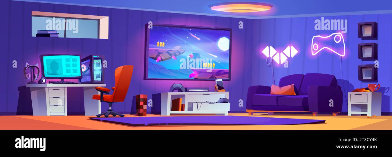 Gamer room interior design. Vector cartoon illustration of desktop ...