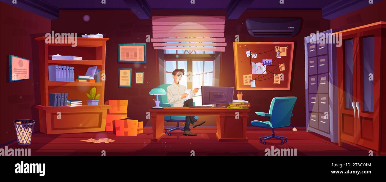 Cartoon male detective sits in armchair in his office thinking about ...