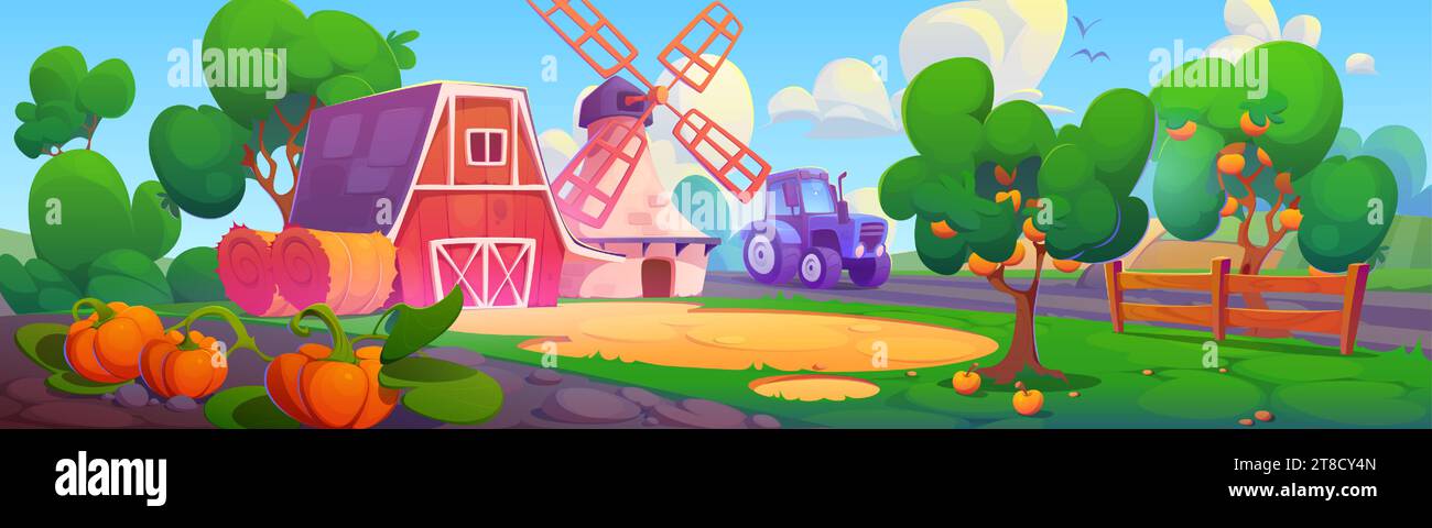 Cartoon farm landscape with barn, wind mill and tractor standing on ...