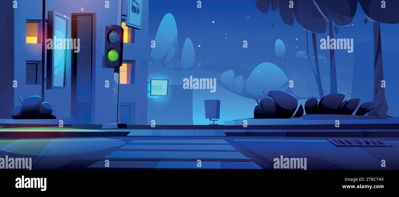 Night city street with road crossing and green traffic light. Vector ...