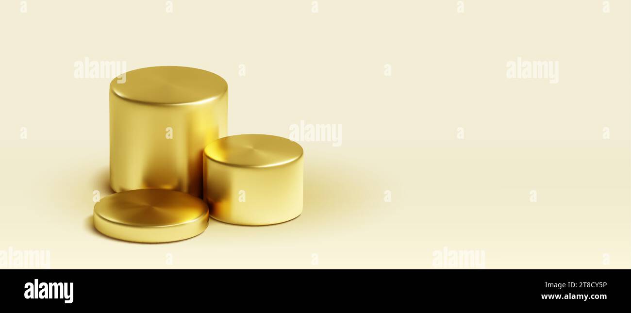 Golden 3D cylinders on beige background. Vector realistic illustration ...