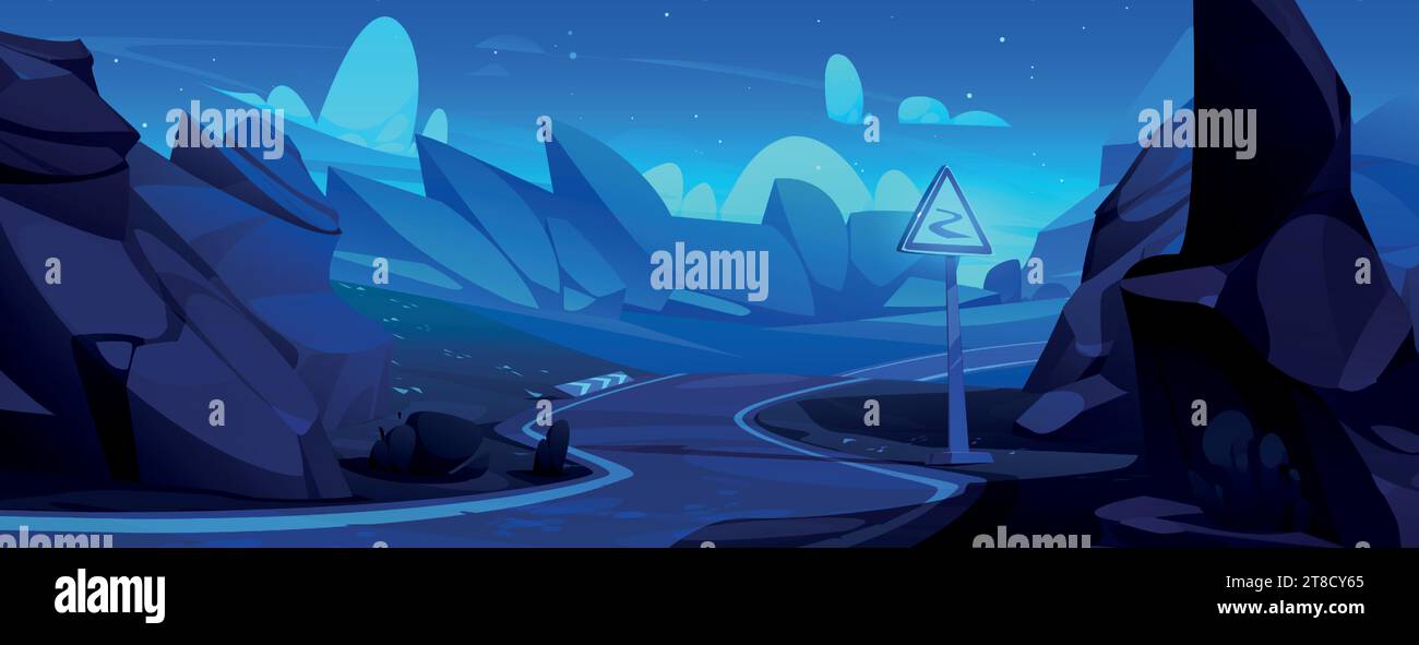Winding mountain road perspective at night. Vector cartoon illustration ... Winding mountain road perspective at night. Vector cartoon illustration ...