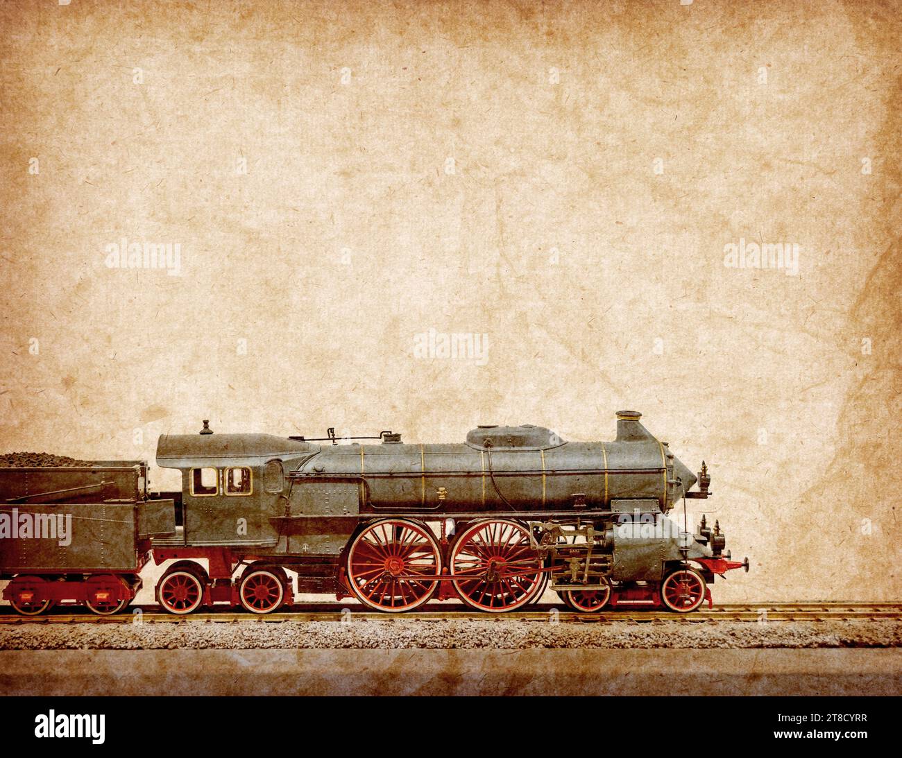 Antique model of old train locomotive isolated on old antique vintage ...