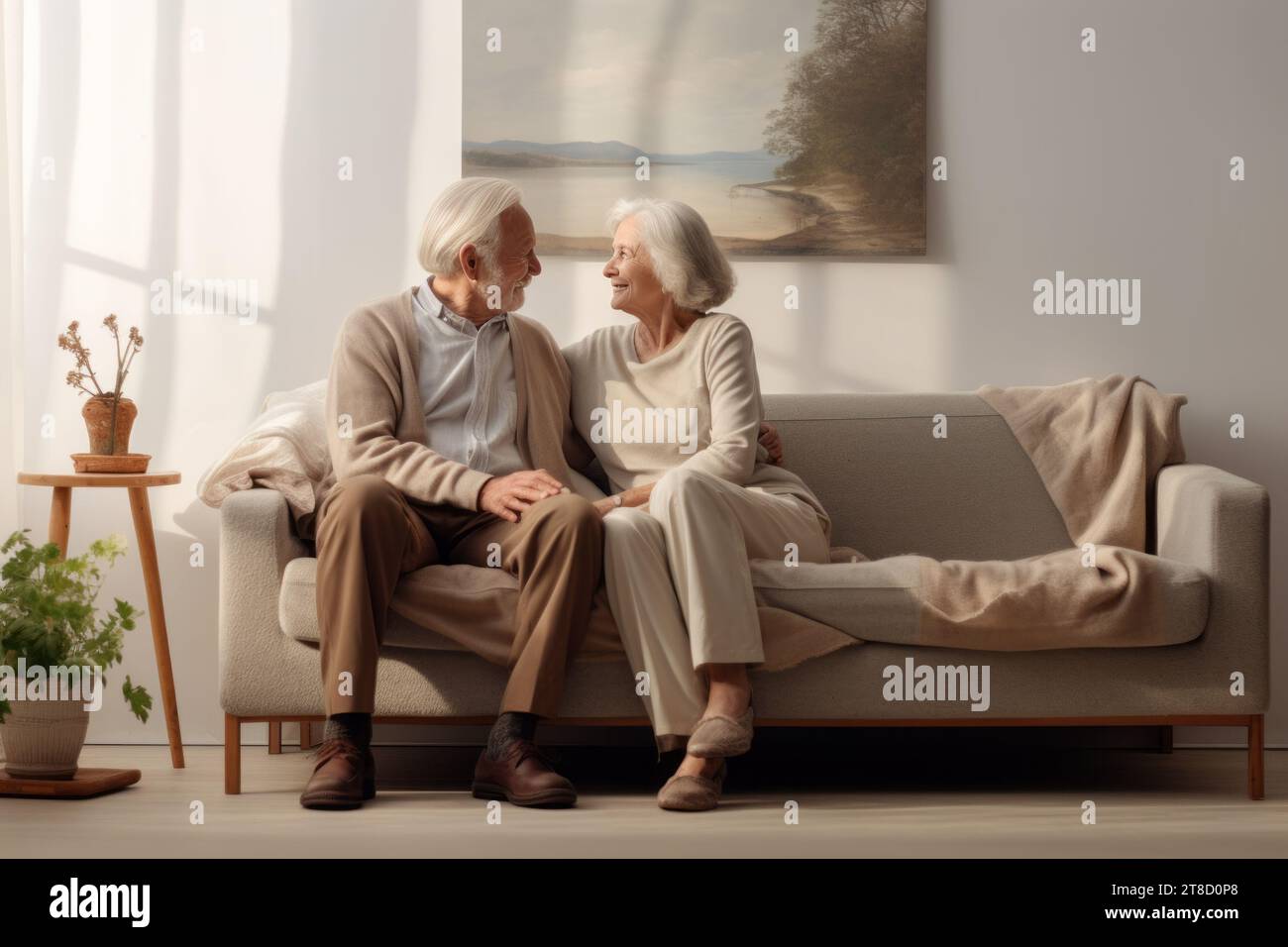 Elderly couple on the couch at home looking into each other's eyes and showing a lot of ...
