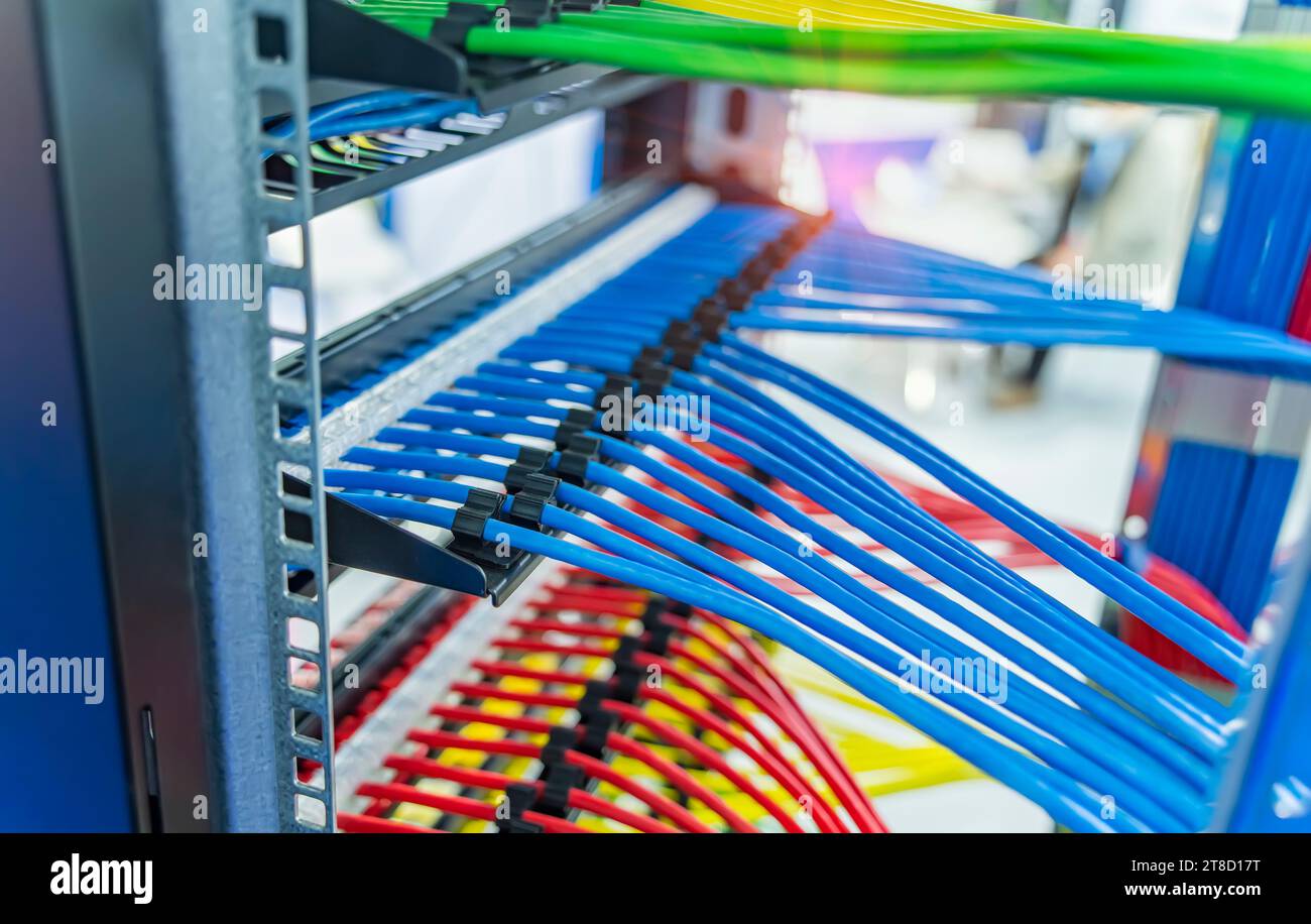 Information Technology Computer Network, colorful Telecommunication Ethernet Cables Connected to ...