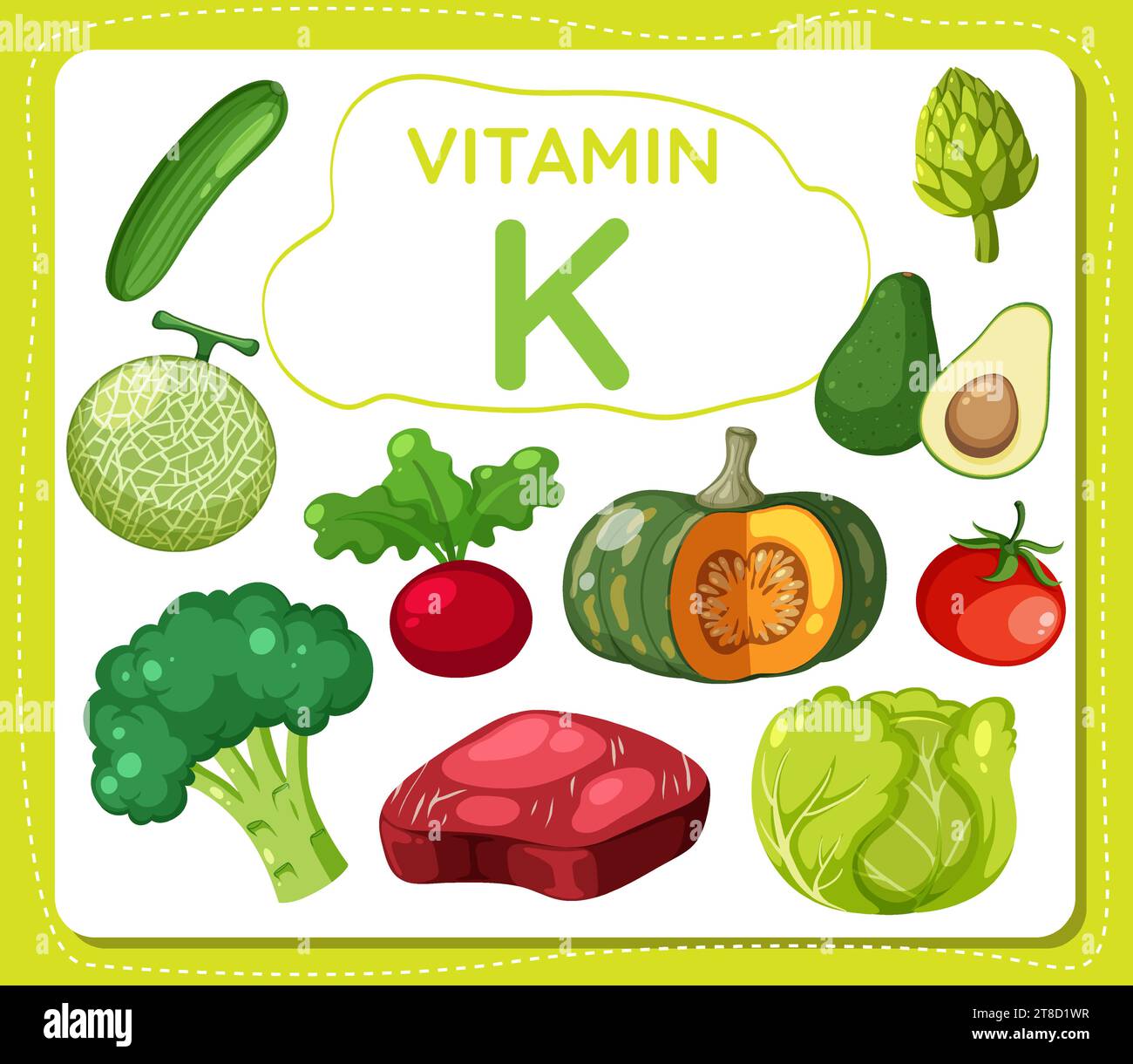 Colorful vector illustration of vitamin K surrounded by fruits and ...