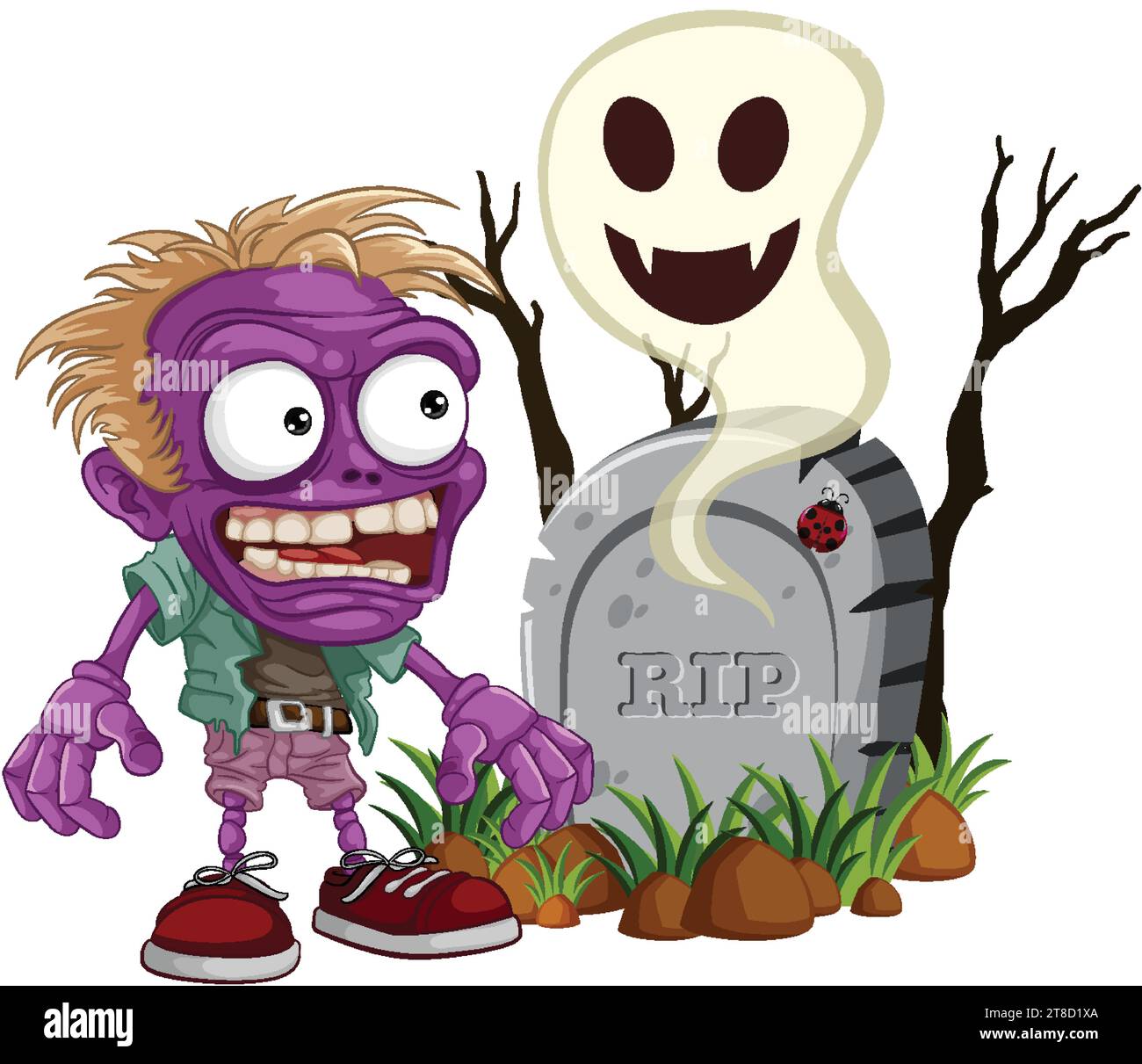 A spooky cartoon illustration of a zombie coming face-to-face with a ...