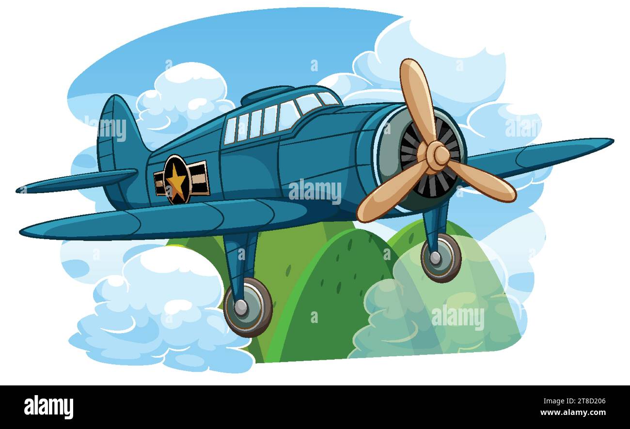 A classic vintage aircraft flying against a hill background in a vector ...