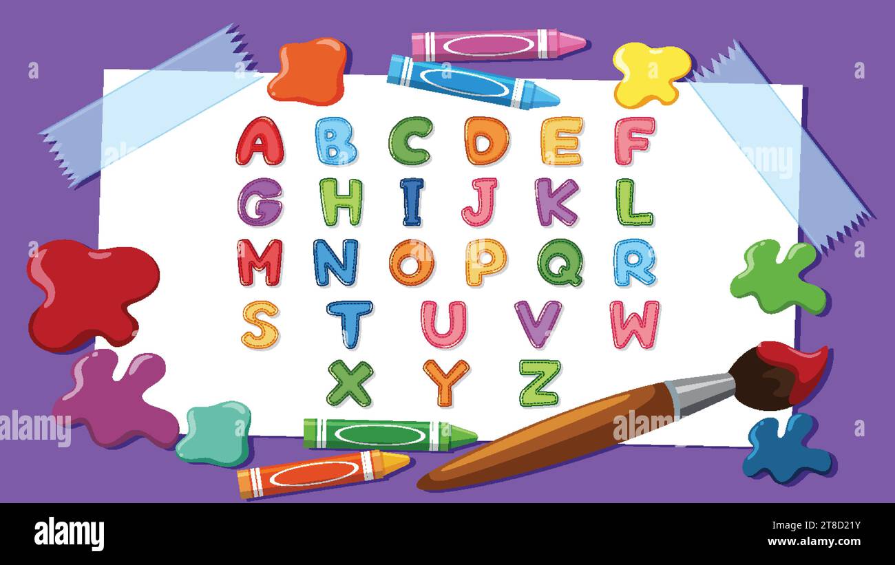 Colorful ABC learning sheet with paint brush on art background Stock ...