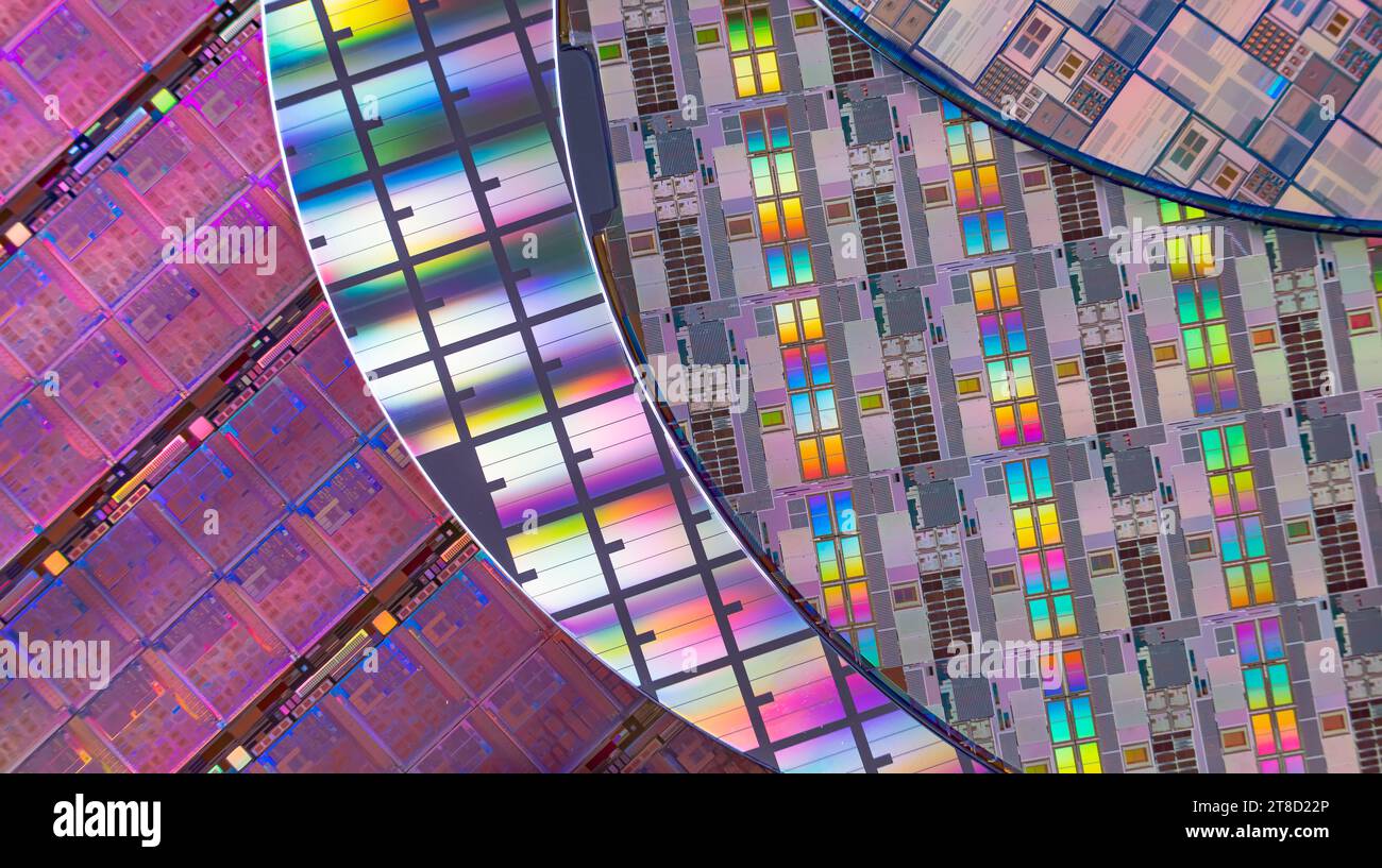 Silicon Wafers with microchips used in electronics for the fabrication of integrated circuits ...