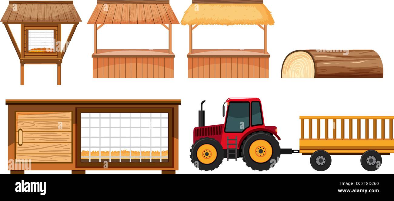 Vector cartoon illustration of a farm with wooden shelter and tractor ...