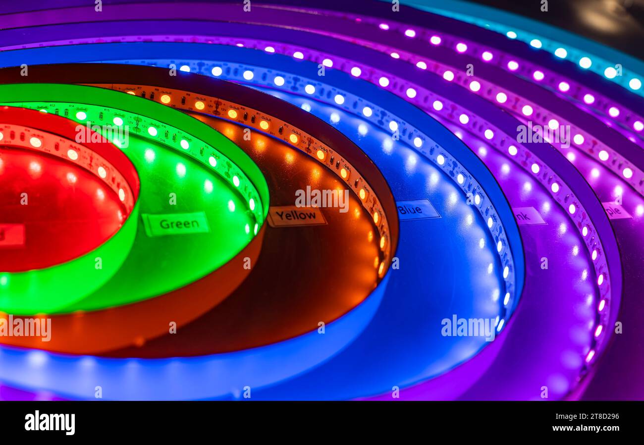 LED lights. Multi-colored light bulbs for illumination. Texture of ...