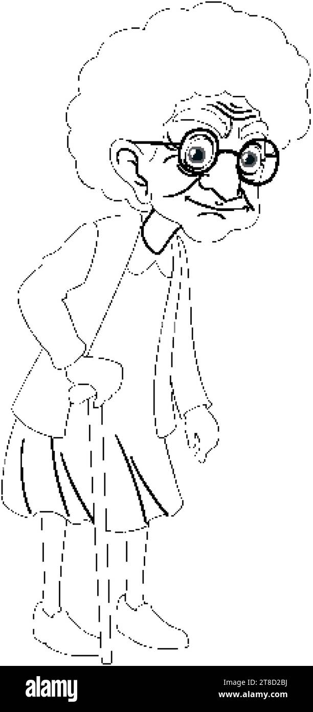 An old grandmother using a walking stick, depicted in a vector cartoon ...