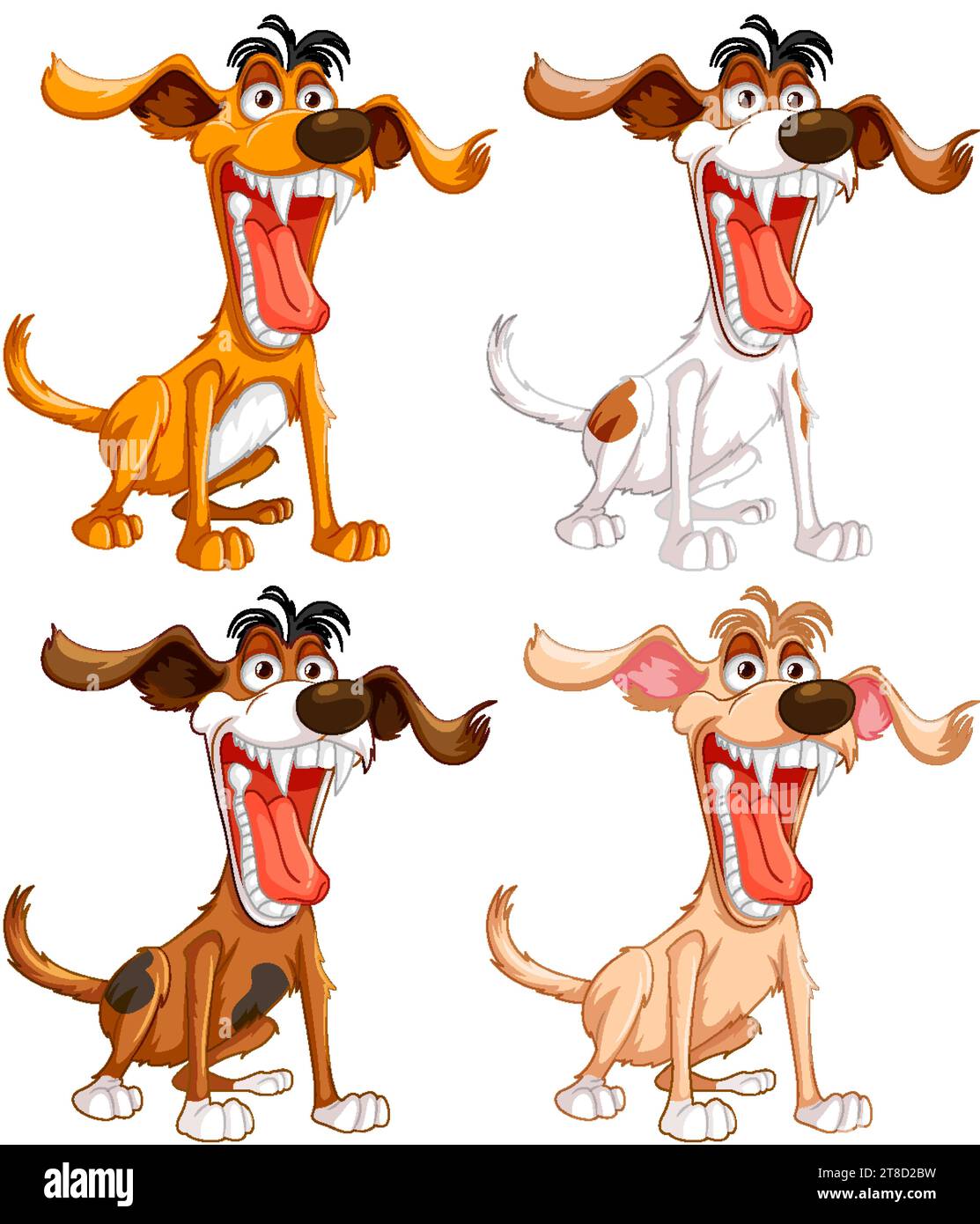 A set of four cartoon dogs with open mouths and sharp teeth, isolated ...