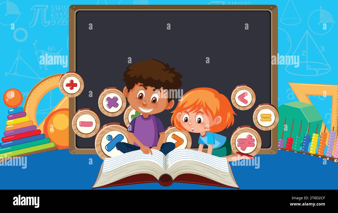 Math-themed Cartoon Characters Reading Book with Blackboard Banner ...