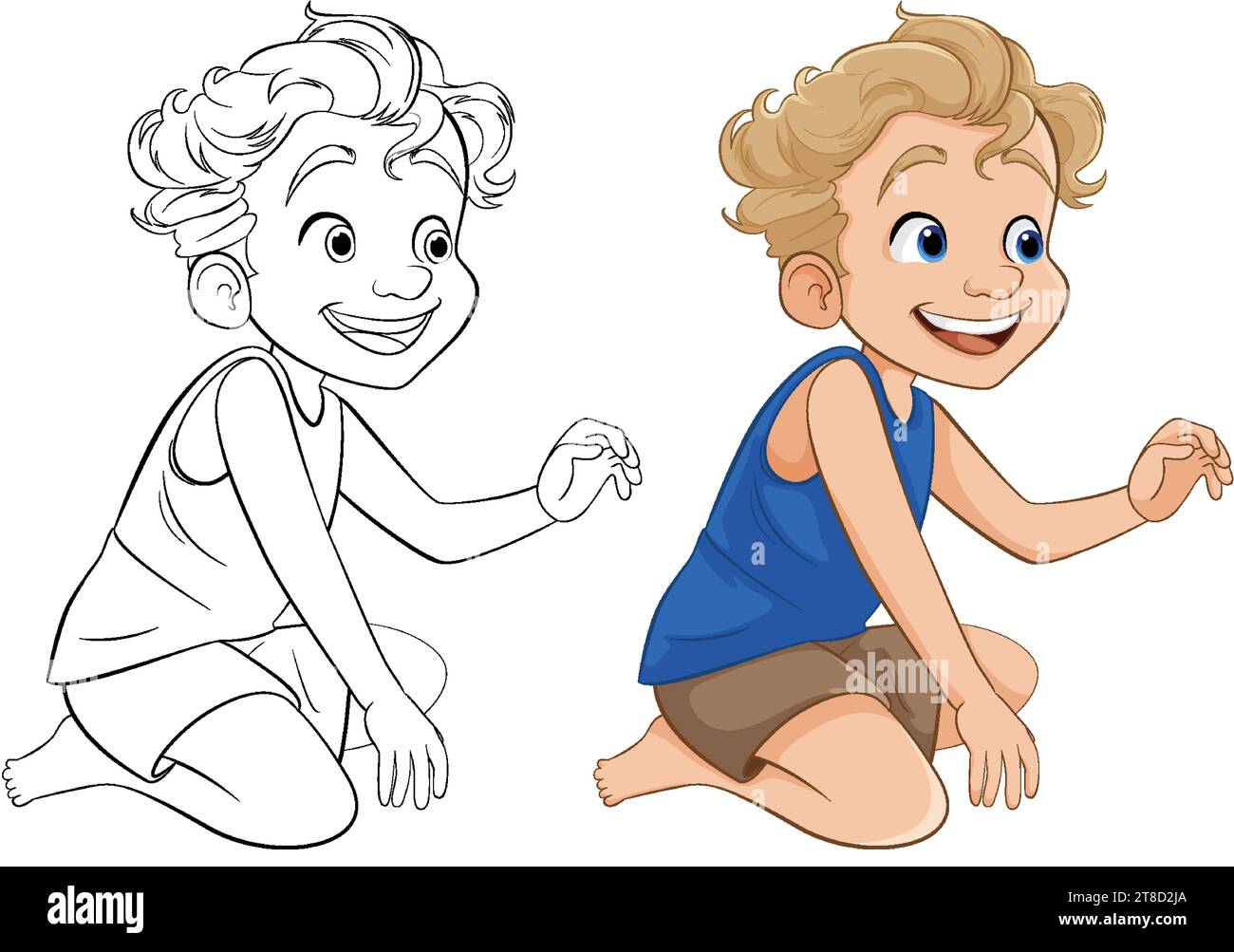 Vector cartoon character of a boy sitting and smiling, with an outline ...