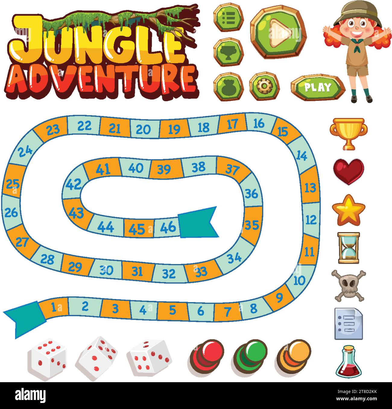A vector cartoon illustration of a jungle-themed Snakes and Ladders ...