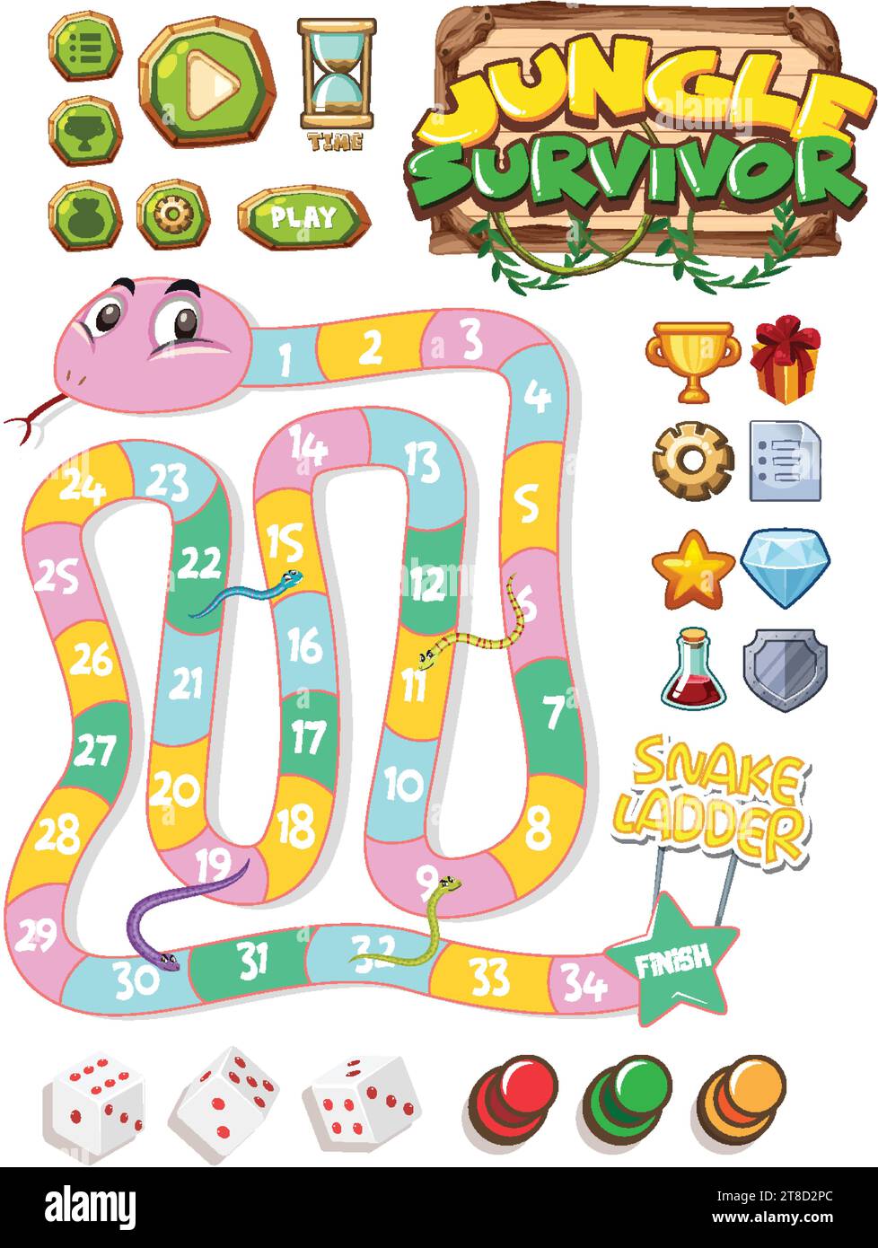 A vector cartoon illustration of a jungle-themed Snakes and Ladders ...