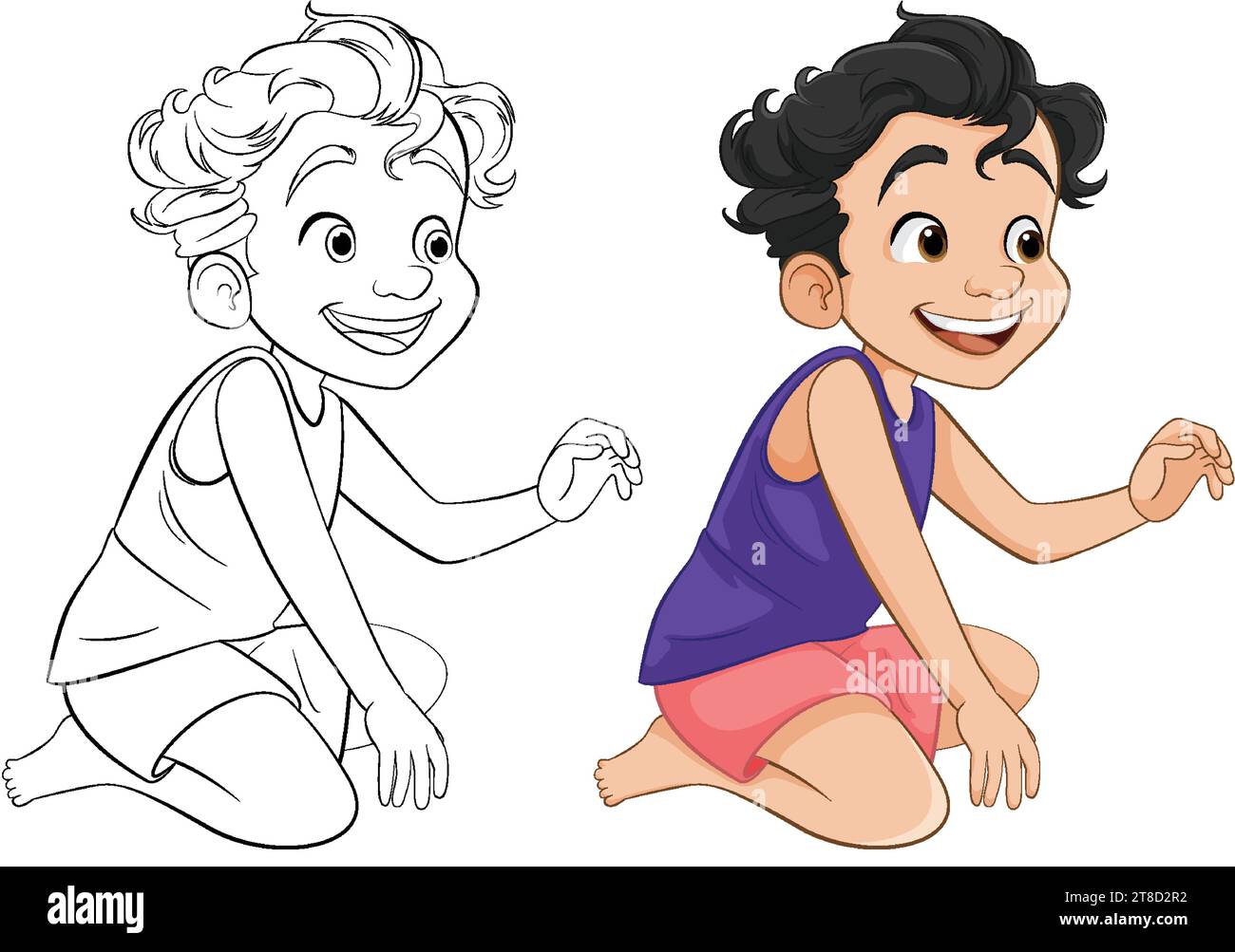 Vector cartoon character of a boy sitting and smiling, with an outline ...
