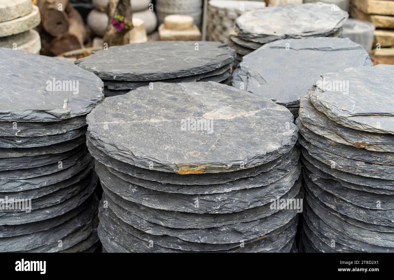 Stack flat slate stones cladding of wall used for flooring, walkways or ...