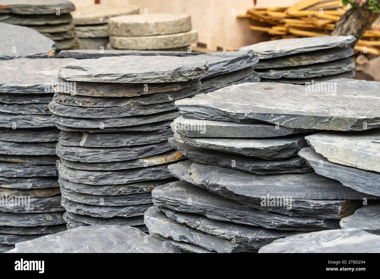 Stack flat slate stones cladding of wall used for flooring, walkways or ...