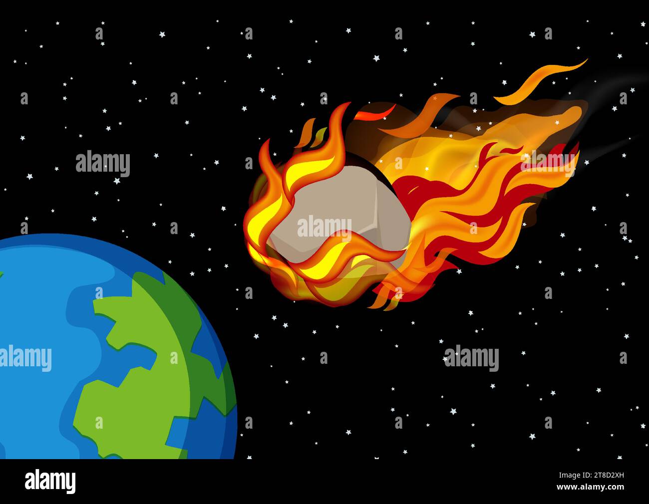 A vector cartoon illustration of fiery comets and asteroids heading ...