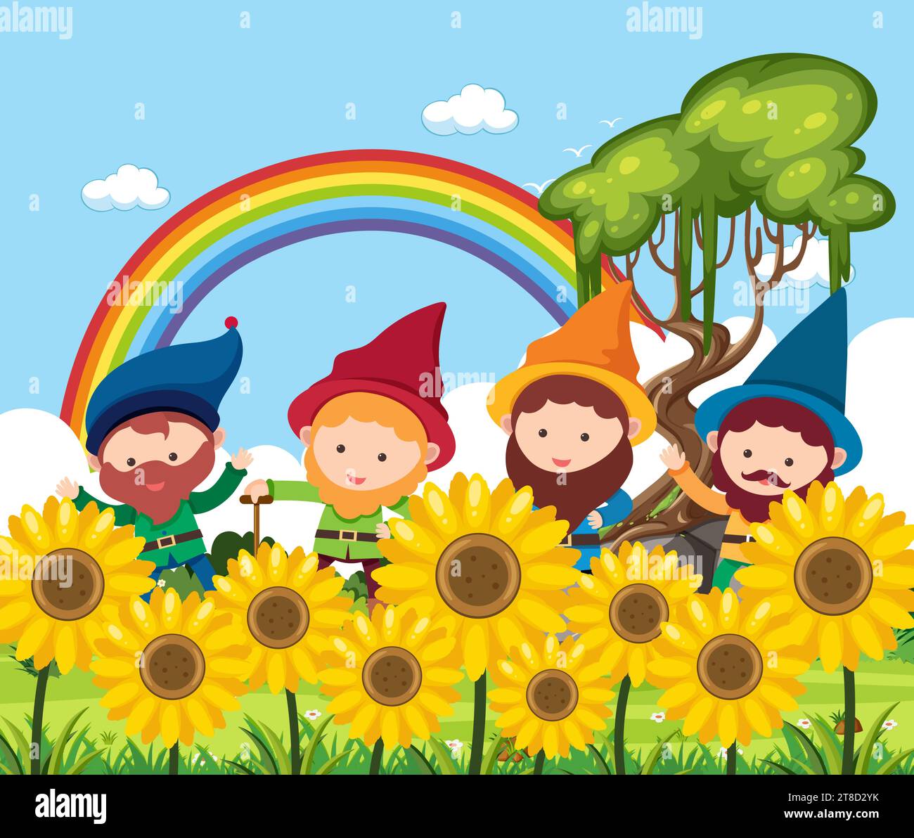 A cheerful dwarf cartoon character planting a flower in a beautiful ...