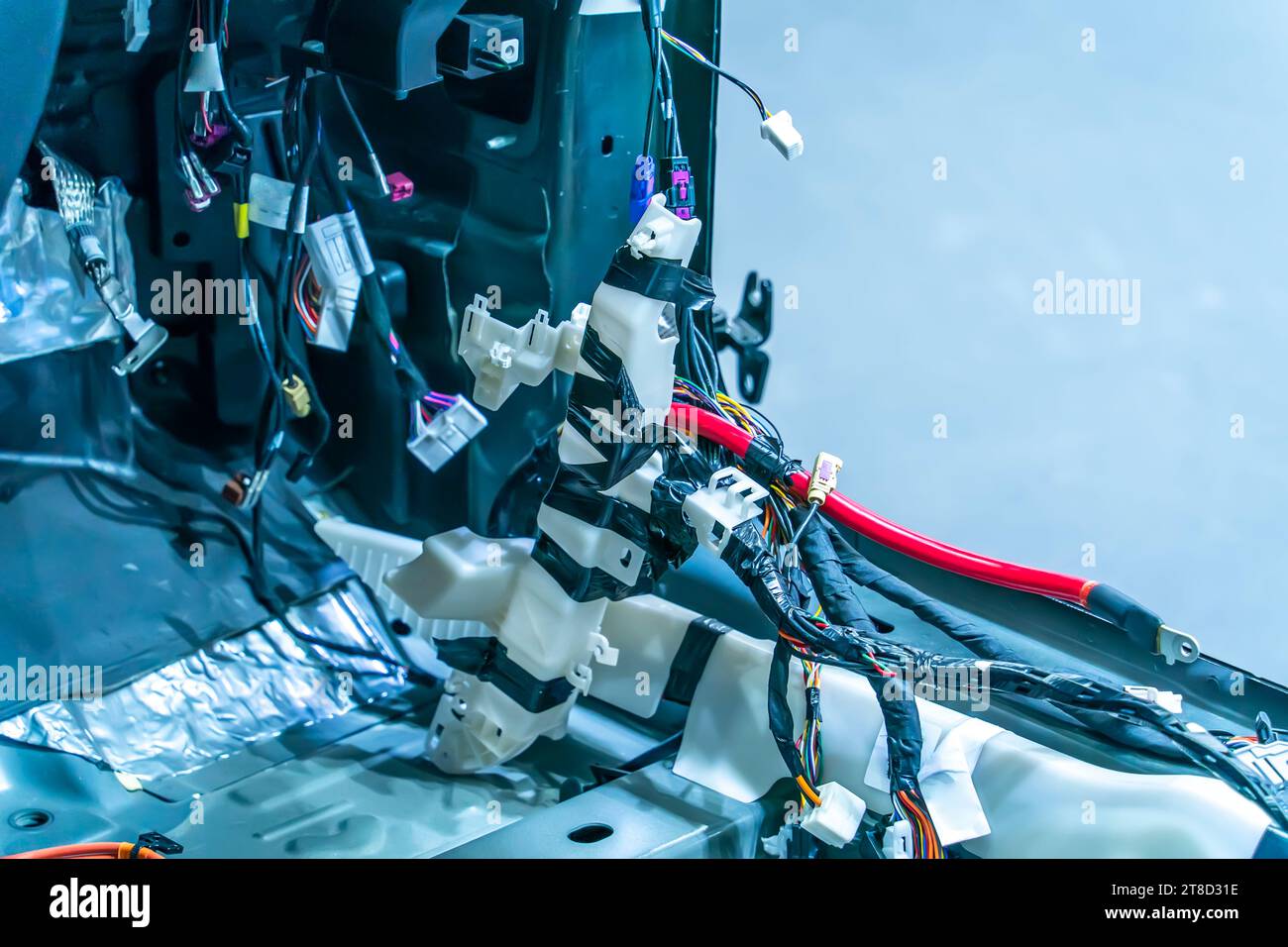 Large wide cable with wires and connectors and terminals in the wiring ...