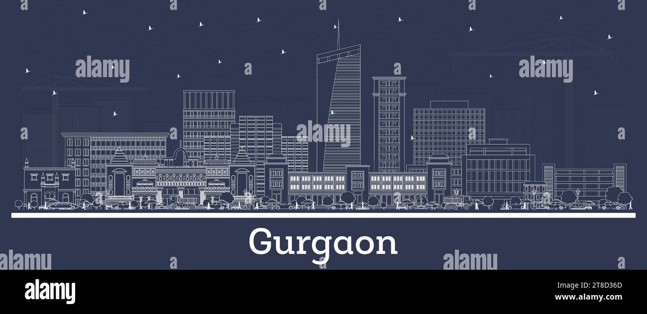 Outline Gurgaon India city skyline with white buildings. Vector ...