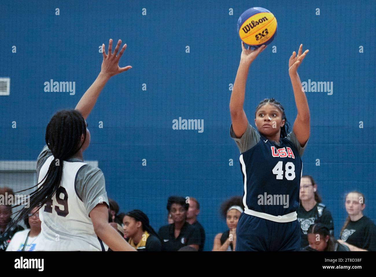 United States' ZaKiyah Johnson (48) shoots during the team's practice ...