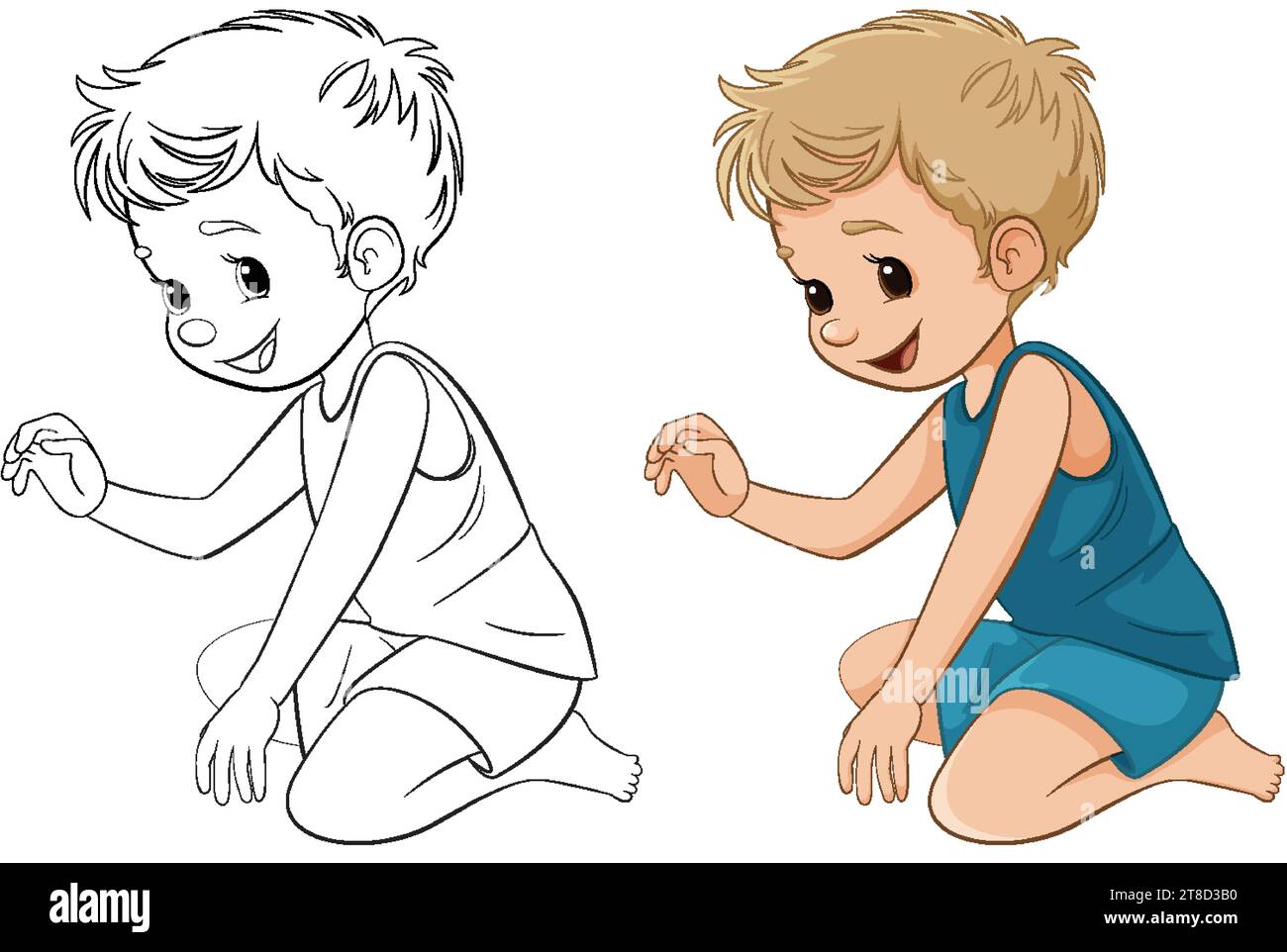 A cheerful cartoon character of a boy sitting, ready for coloring Stock ...