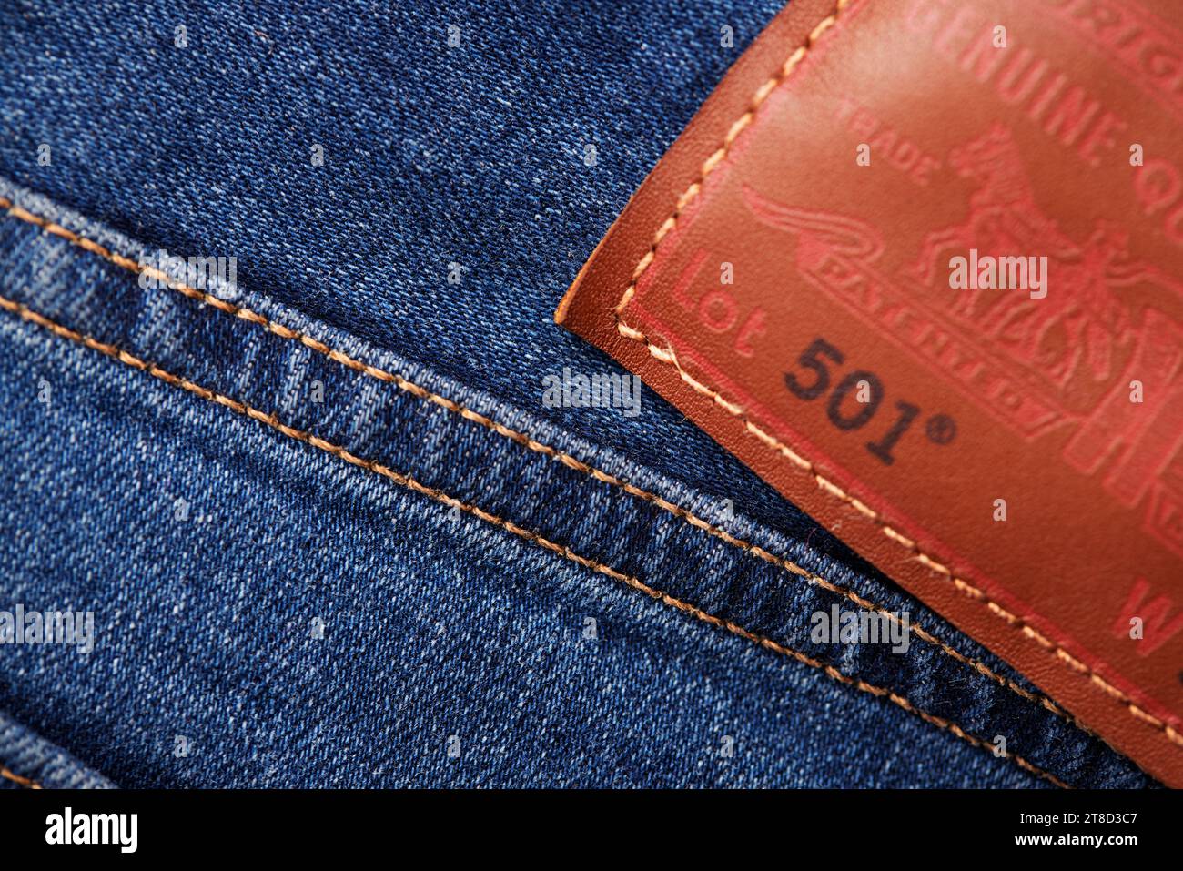 Close up of the details of new LEVI'S 501 Jeans. Seams and denim ...