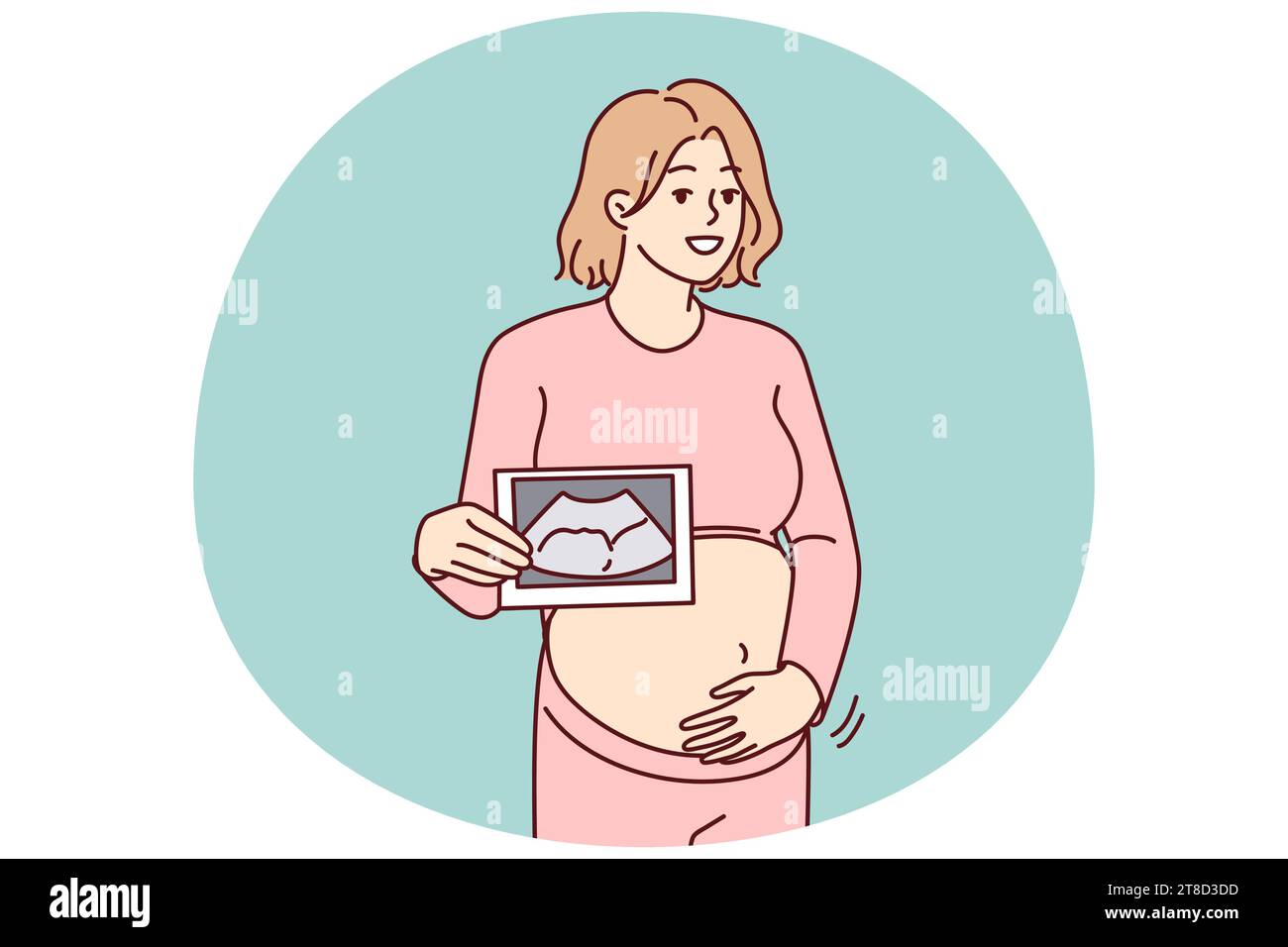 Smiling pregnant woman touch belly show scan of embryo. Happy future ...