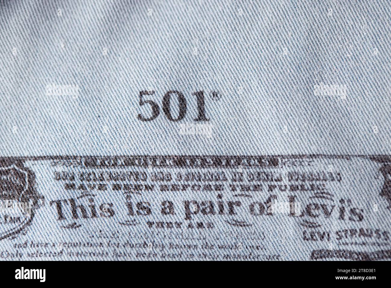 Close up of the details of new LEVI'S 501 Jeans on the inside. label ...