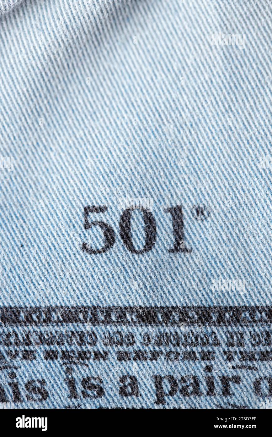 Close up of the details of new LEVI'S 501 Jeans on the inside. label ...