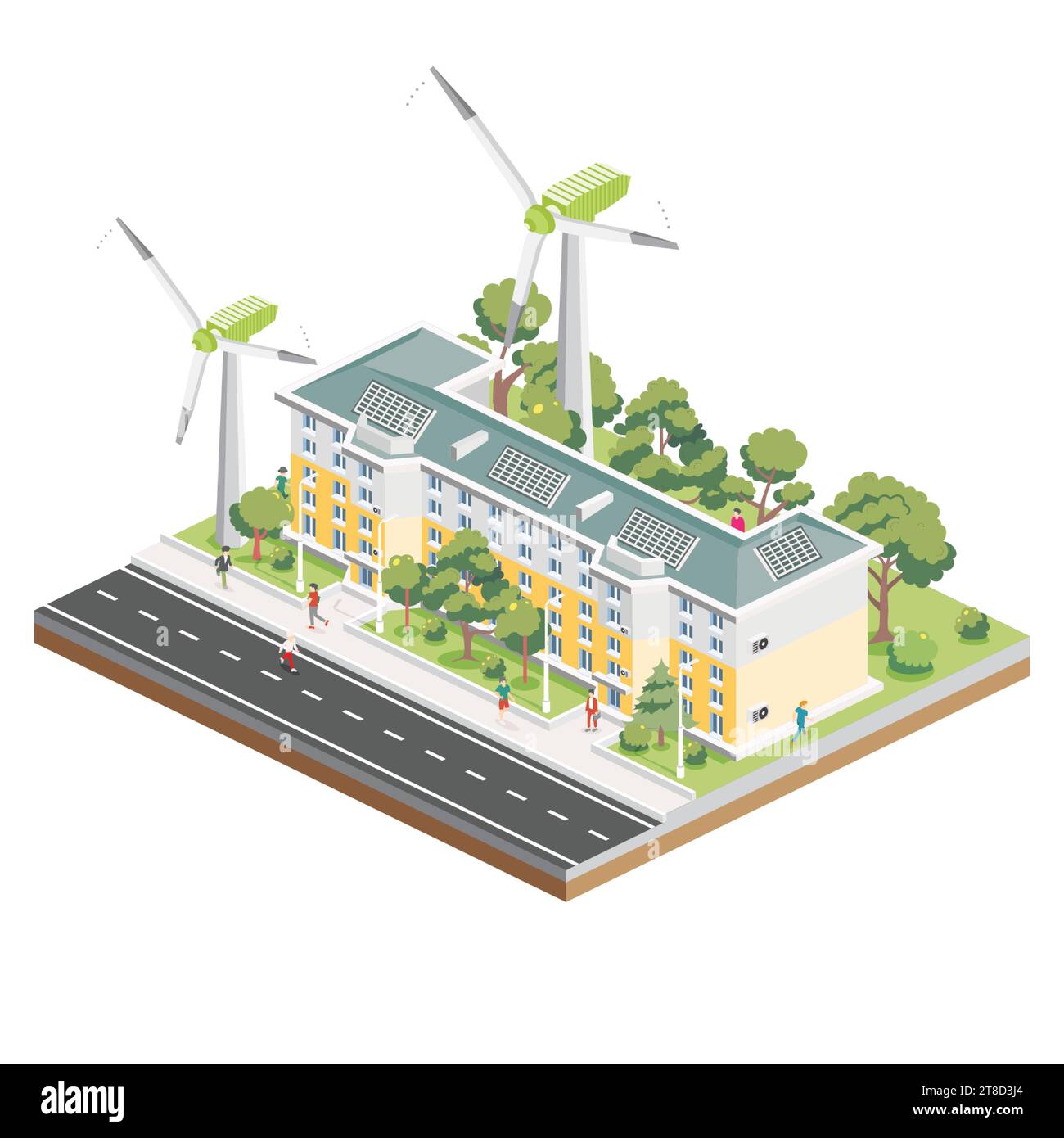 Isometric Residential Five Storey Building With Solar Panels With Wind