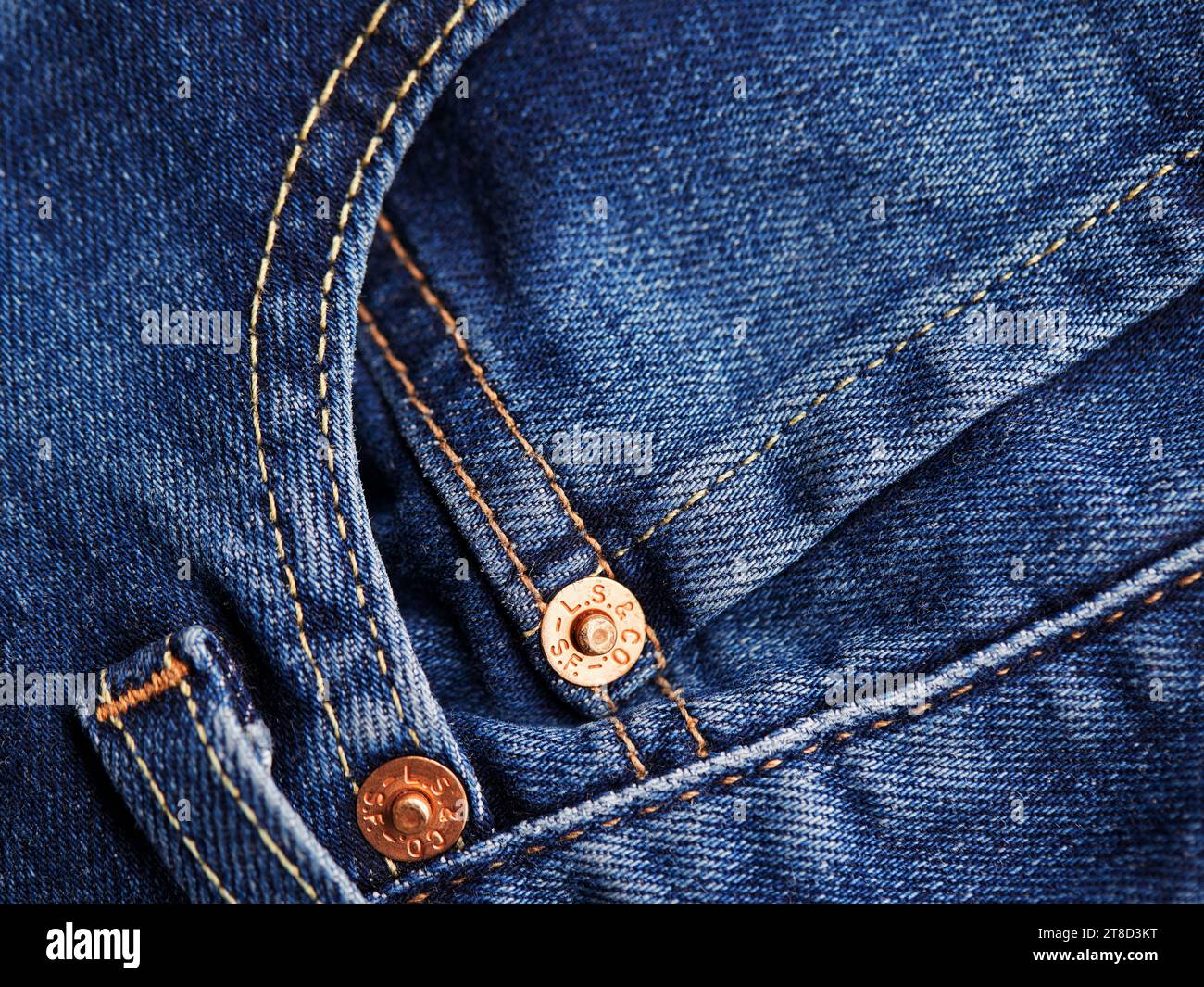Close up of details of new LEVI'S 501 Jeans. Buttons and seams and ...