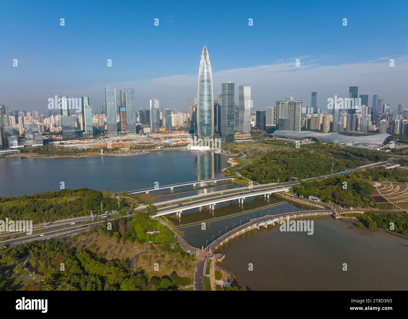 Drone fly over Shenzhen city central business district, aerial panorama ...