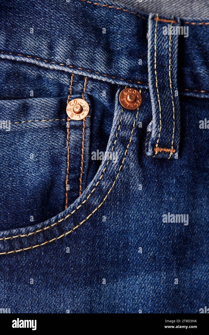 Close up of details of new LEVI'S 501 Jeans. Buttons and seams and ...