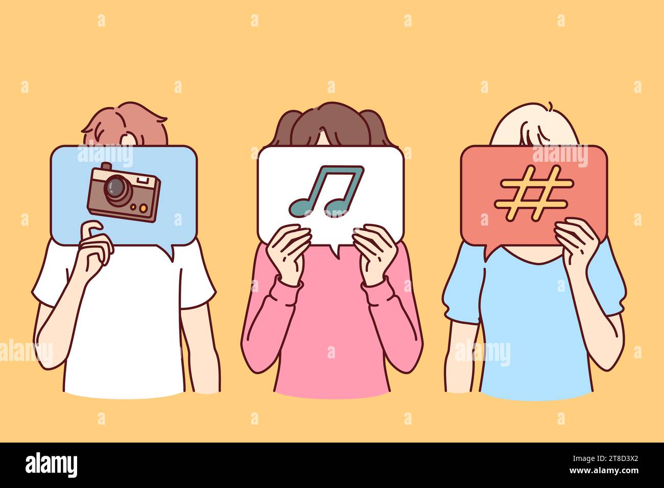 Little children using social networks stand with icons of photo camera ...