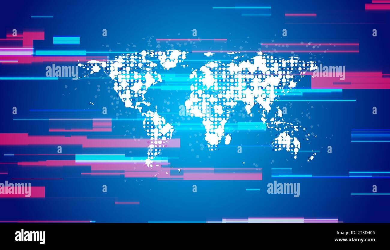 Abstract dotted world map and neon glitch lines sci-fi tech background ...
