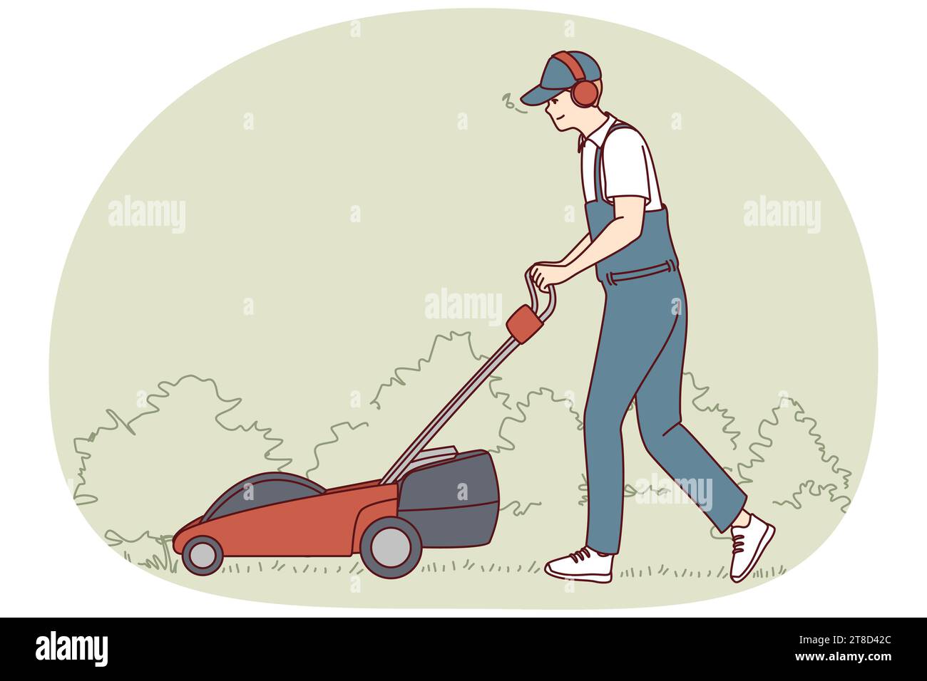 Man in uniform cut grass with electric lawn mower. Employee or worker ...