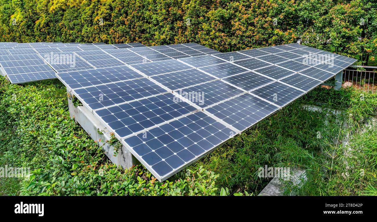 Ecological energy renewable solar panel plant with urban landscape ...