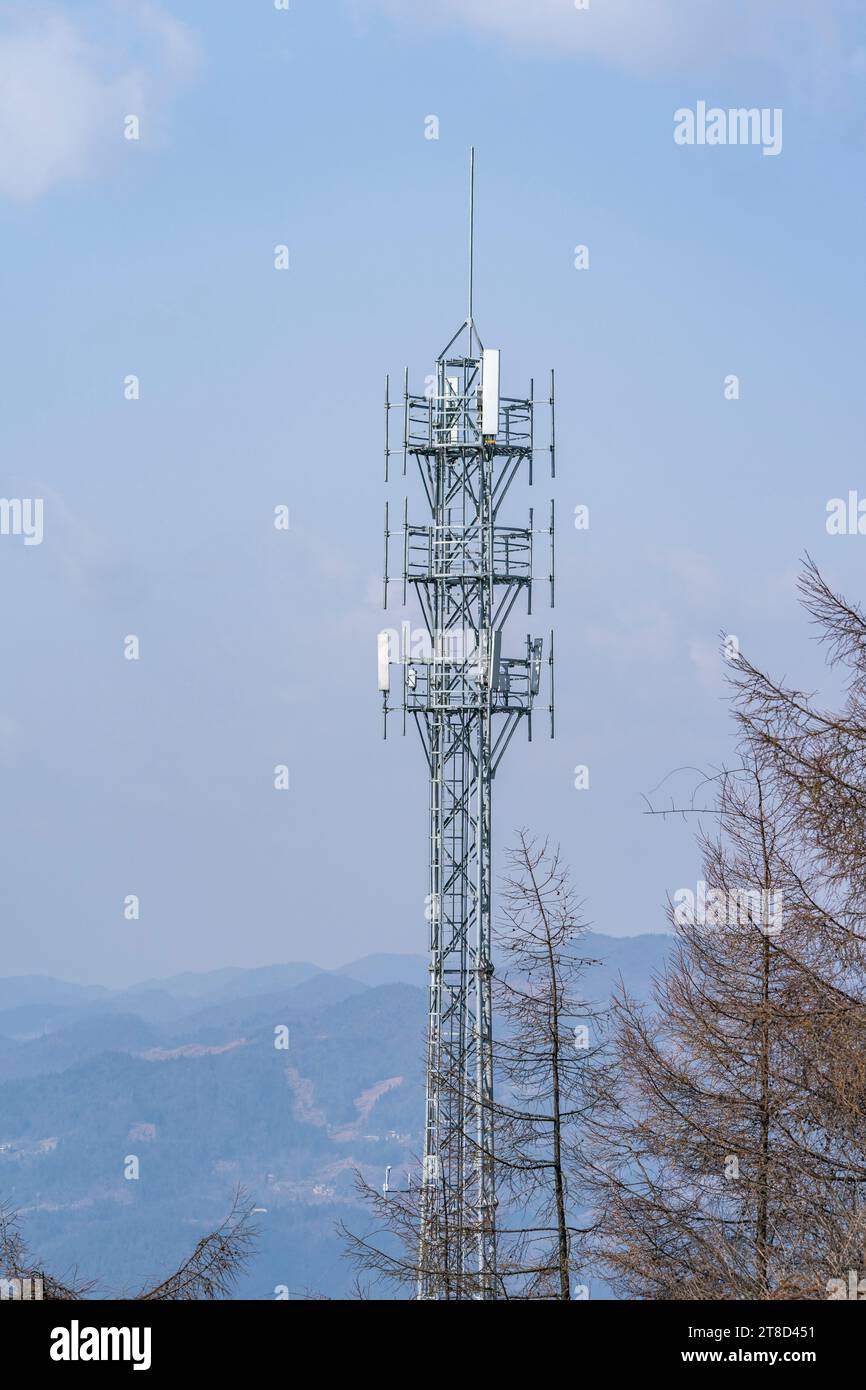 communication tower for wireless network telephone cellsite with blue ...