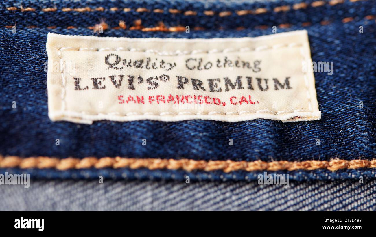 Close up of the details of new LEVI'S 501 Jeans. label and patch LEVI'S ...