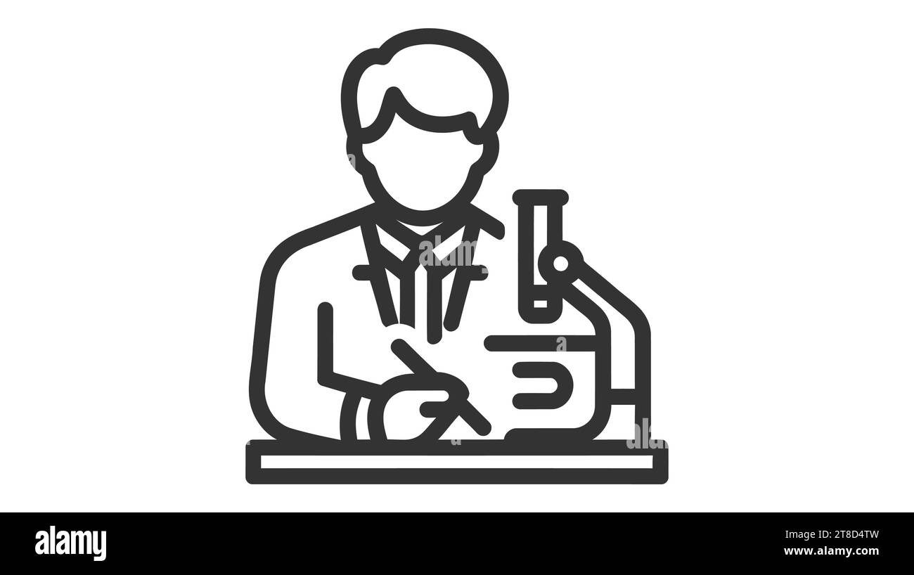 Scientist in lab line icon. Chemist Man and flask with bubbles ...