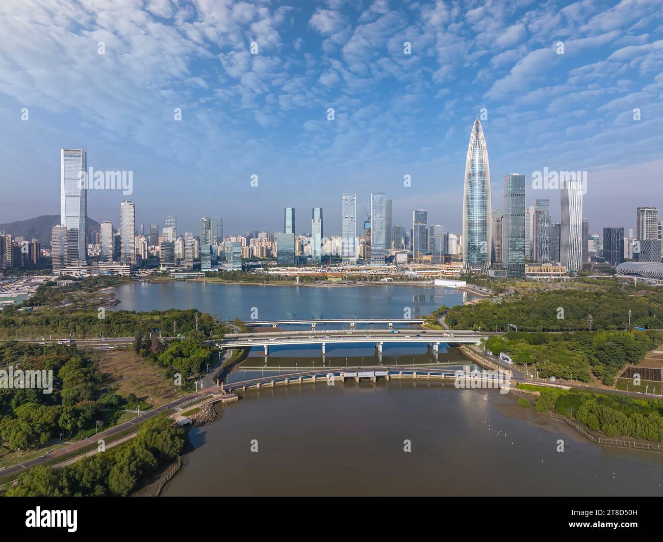 Drone fly over Shenzhen city central business district, aerial panorama ...