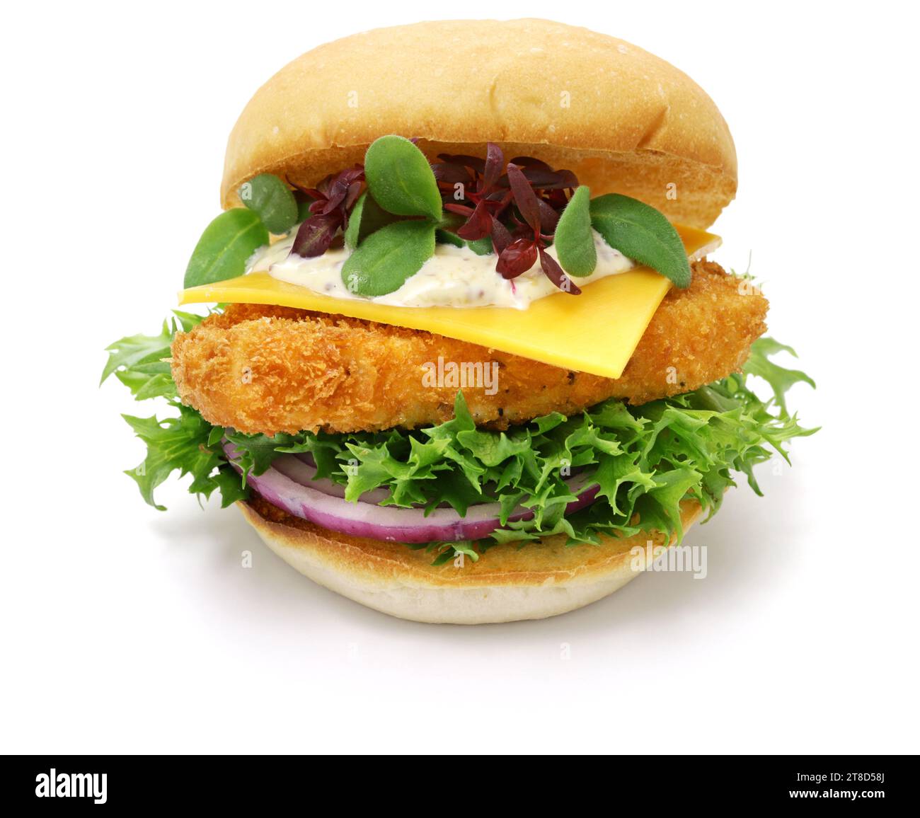 homemade fish burger with cheese, vegetables, and tartar sauce Stock ...