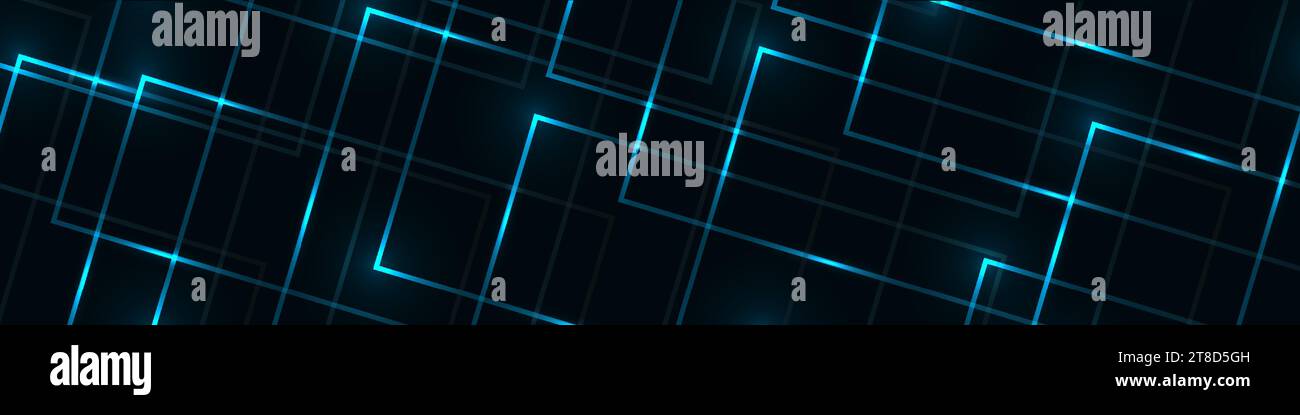 Black technology abstract wide banner with blue luminous lines and ...