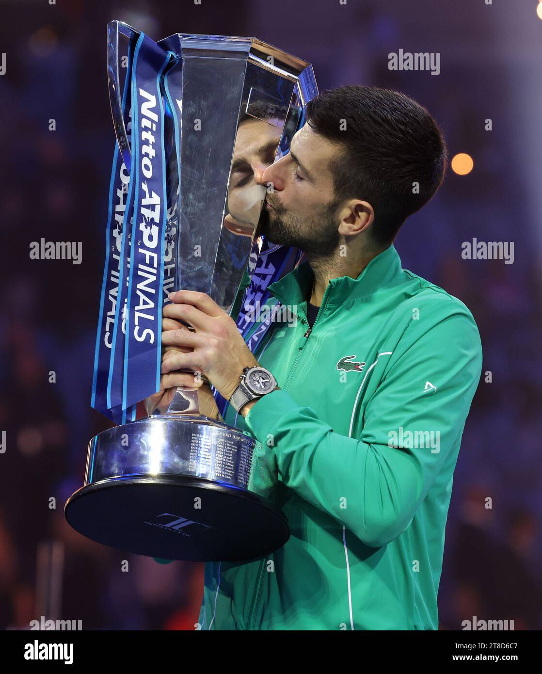 Turin, Italy. 19th Nov, 2023. Novak Djokovic kisses the trophy after the final match between ...
